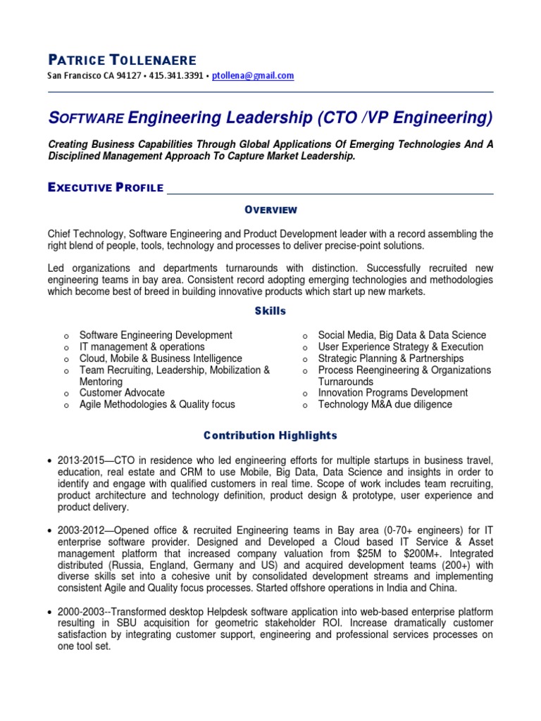 CTO VP Software Engineering Innovation in San Francisco Bay CA Resume Patrice Tollenaere | PDF ...