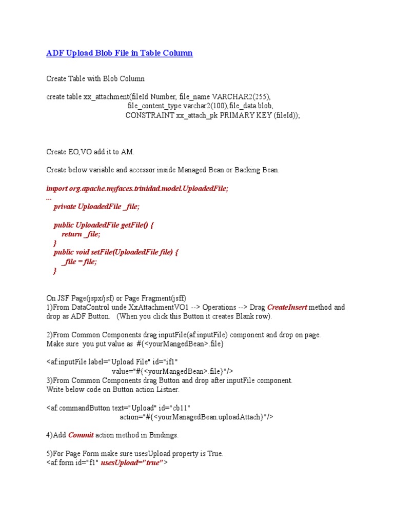 ADF Upload Blob File in Table Column | PDF | Class (Computer ...