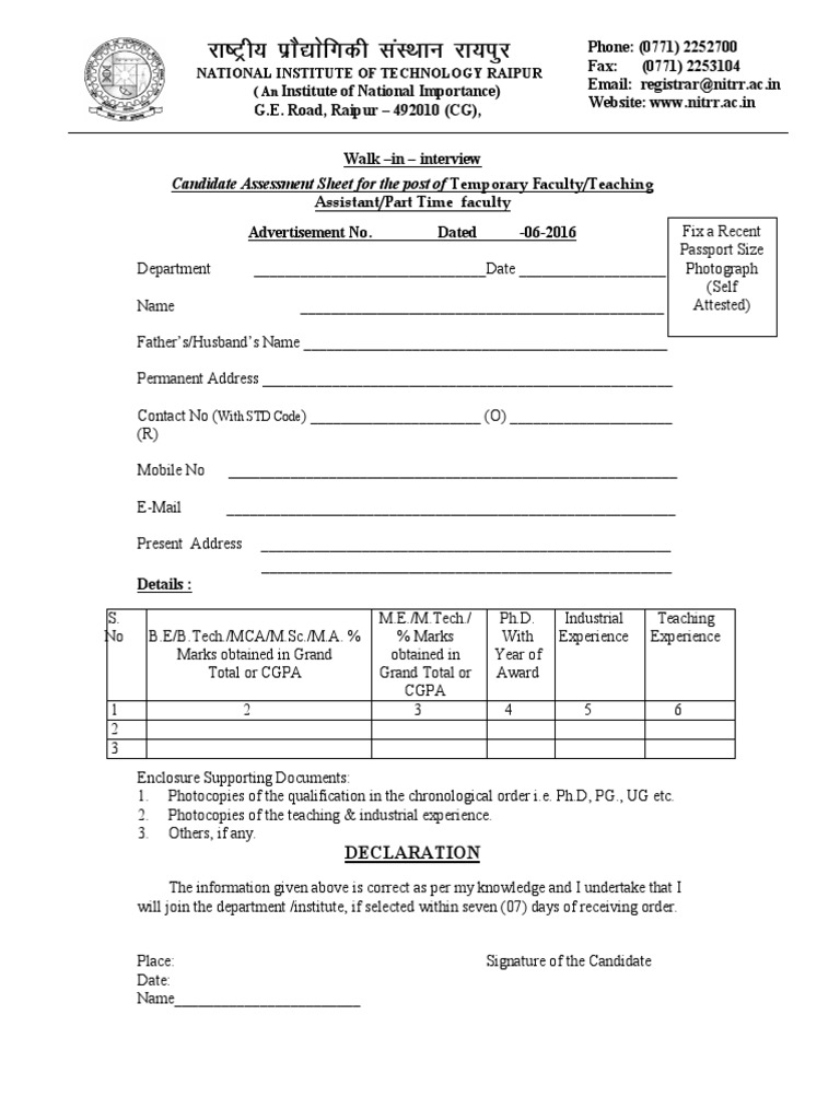 Candidates Self Assessment Sheet | PDF