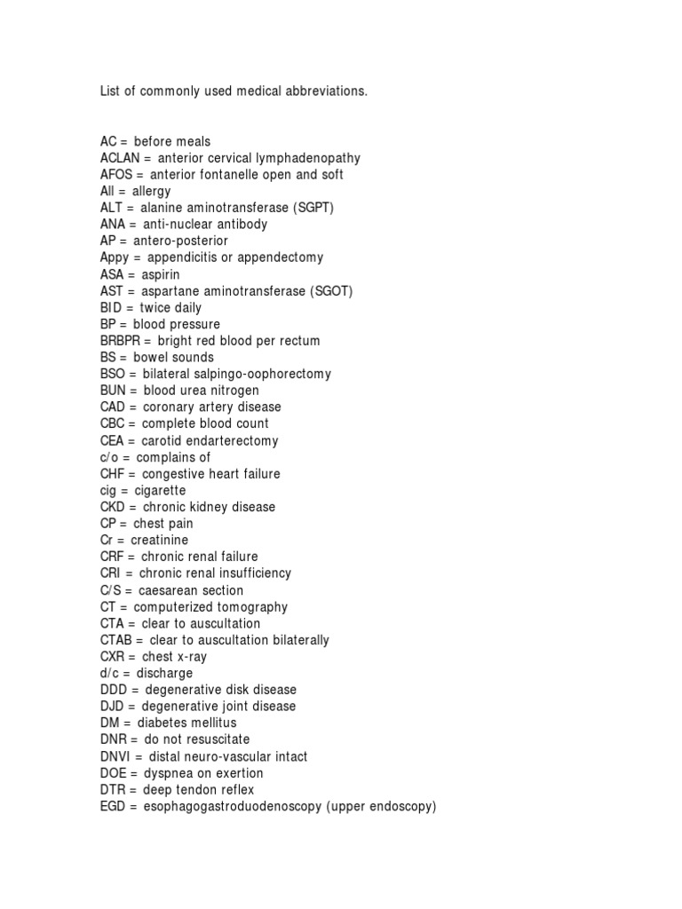 Common Medical Abbreviations List | PDF | Chronic Kidney Disease | Rtt