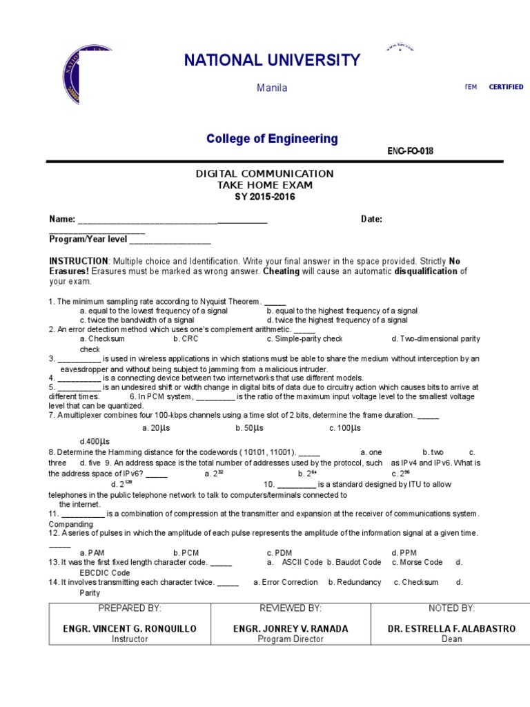Digicomms Take Home Exam-1 | PDF | Modulation | Data Transmission