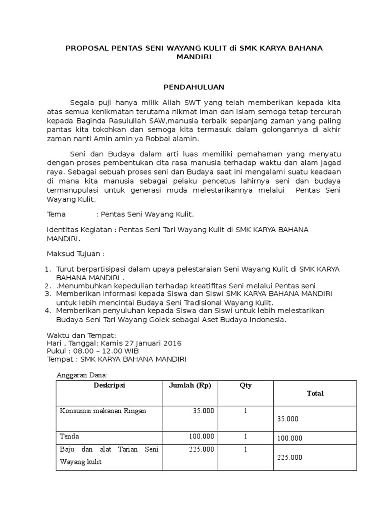 Contoh Proposal Pentas Seni Wayang Kulit Di SMK | PDF Contoh Proposal Pentas Seni Wayang Kulit Di SMK | PDF