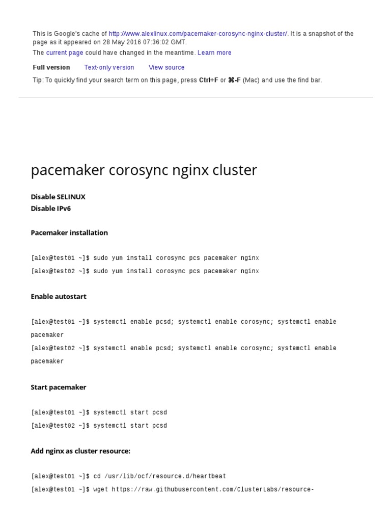 Pacemaker Corosync Nginx Cluster - Linux Tutorial | PDF