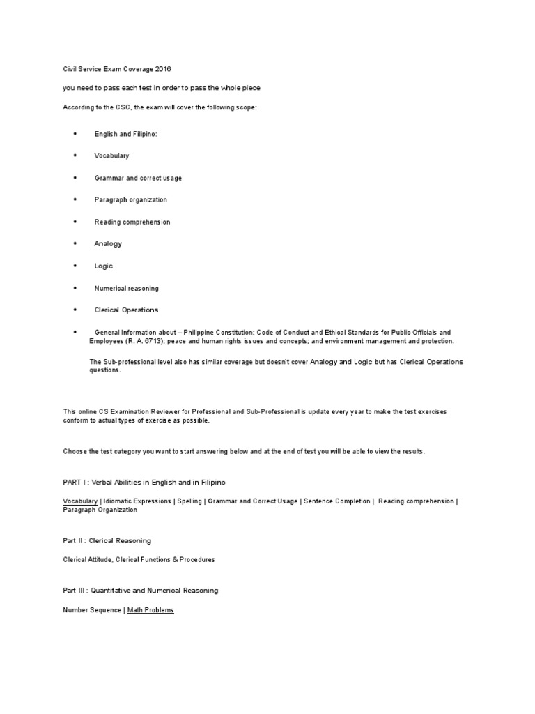 Civil Service Exam Coverage 2016 | PDF | Test (Assessment) | Philippines