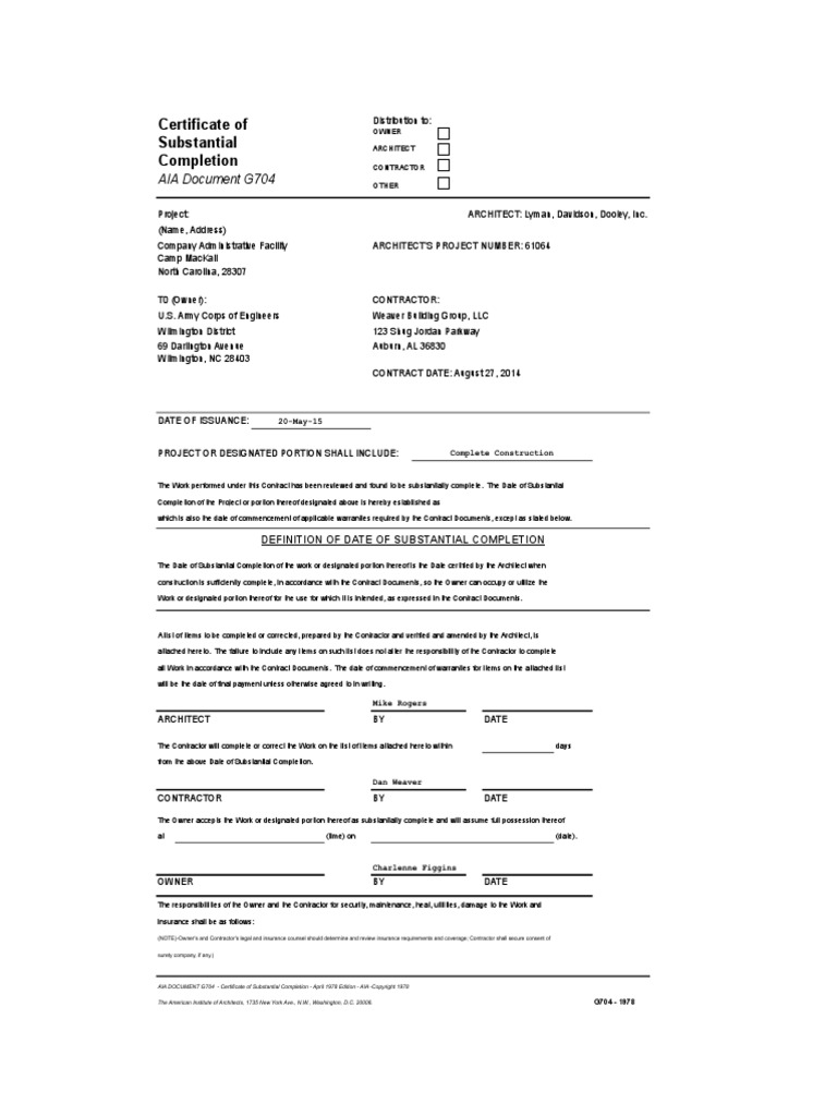 Substantial Completion Document | PDF | Architect | General Contractor