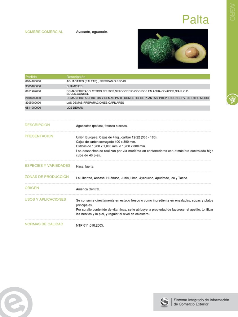 Ficha Técnica Palta SIICEX | PDF