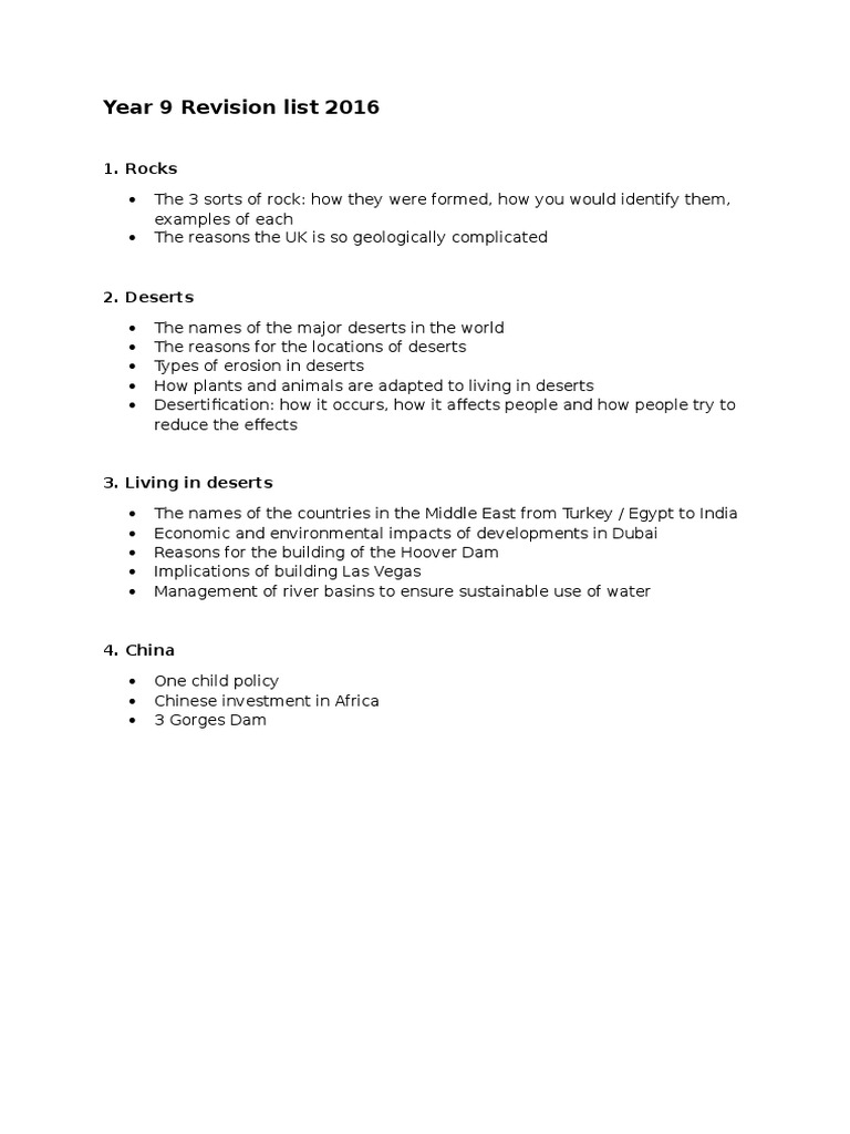 Year 9 Revision List 2016 | PDF