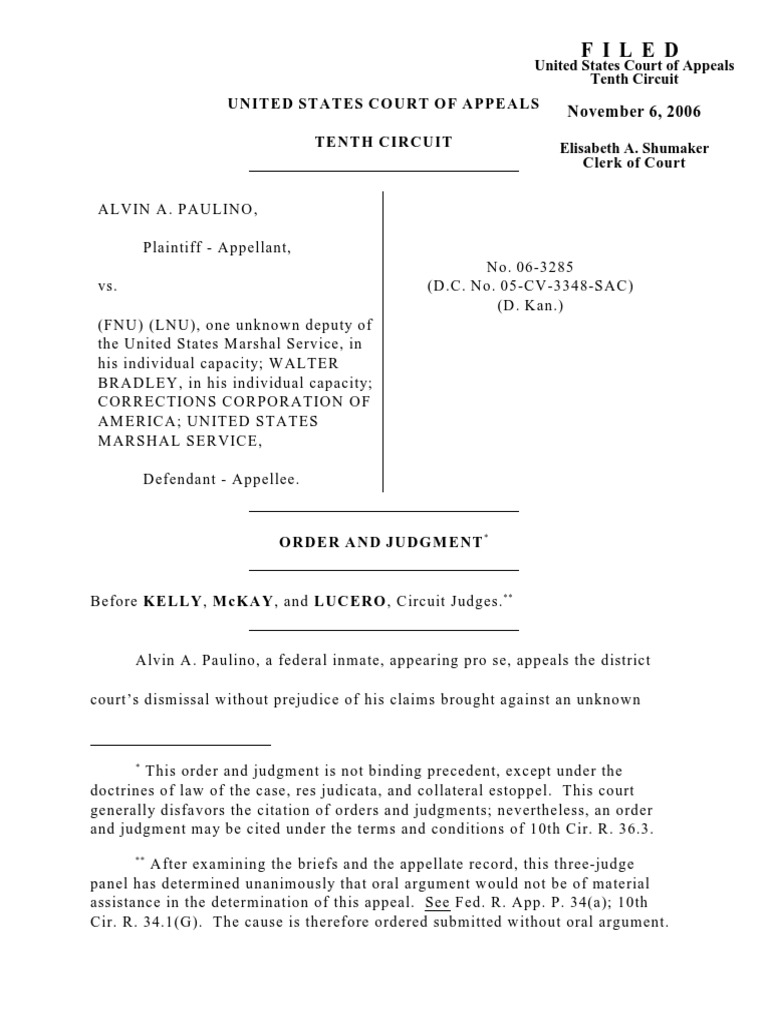 Paulino v. (FNU) (LNU), 10th Cir. (2006) | PDF | Bivens V. Six Unknown ...