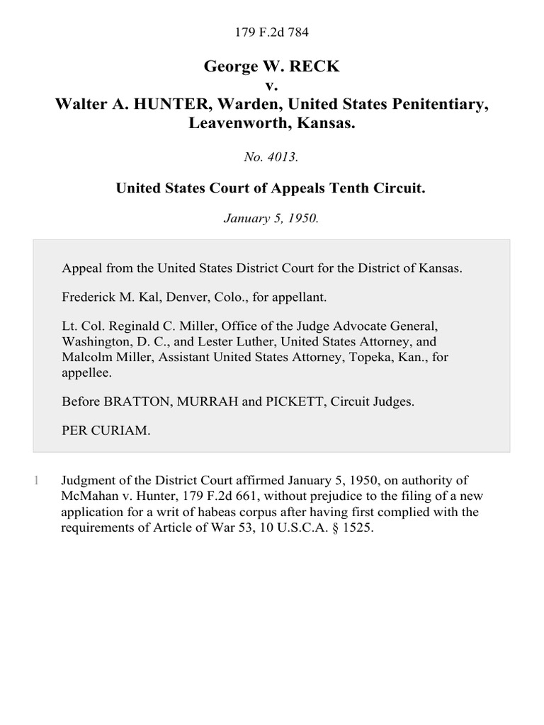 George W. Reck v. Walter A. Hunter, Warden, United States Penitentiary ...