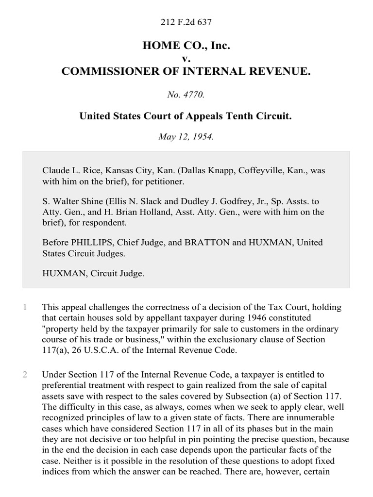 Home Co., Inc. v. Commissioner of Internal Revenue, 212 F.2d 637, 10th Cir. (1954) | PDF ...