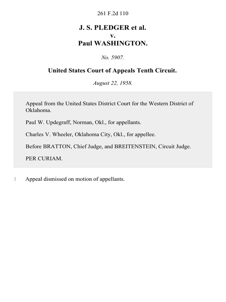 J. S. Pledger v. Paul Washington, 261 F.2d 110, 10th Cir. (1958) | PDF ...