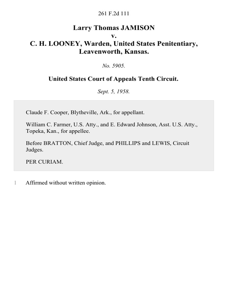 Larry Thomas Jamison v. C. H. Looney, Warden, United States ...