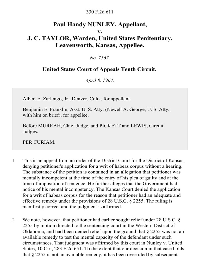 Paul Handy Nunley v. J. C. Taylor, Warden, United States Penitentiary ...