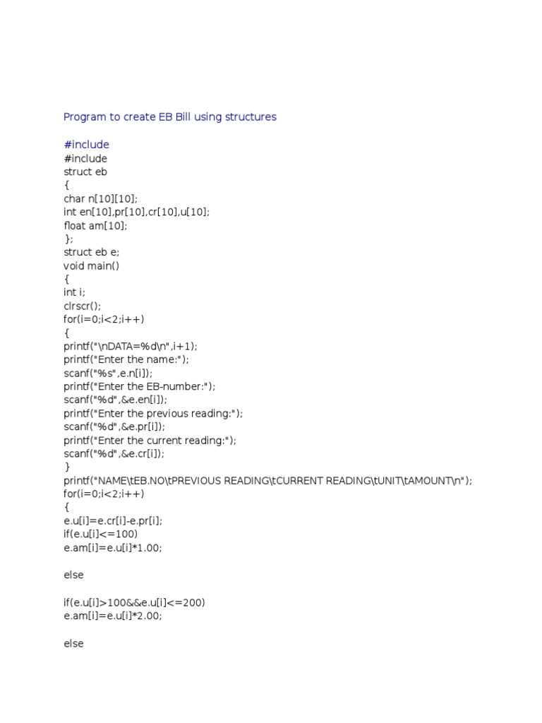 EB Bill Calculation Program in C | PDF | Teaching Methods & Materials ...