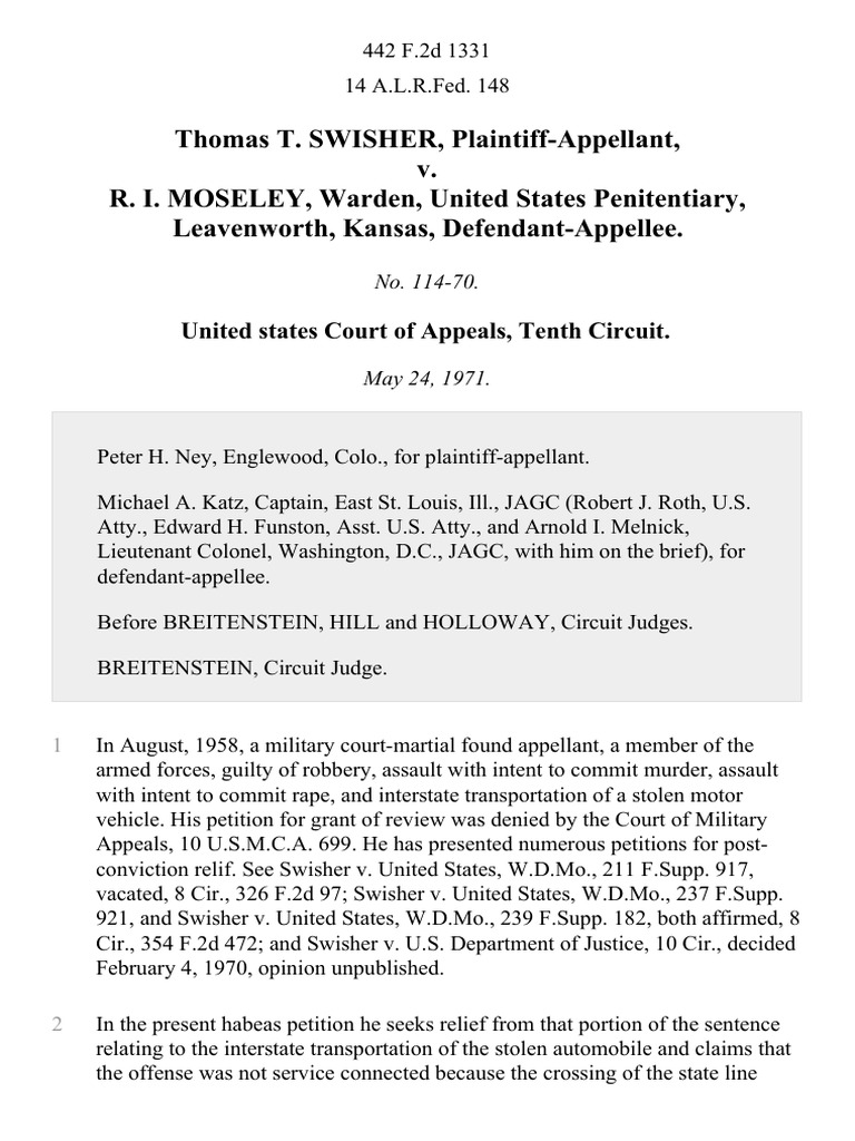 Thomas T. Swisher v. R. I. Moseley, Warden, United States Penitentiary ...