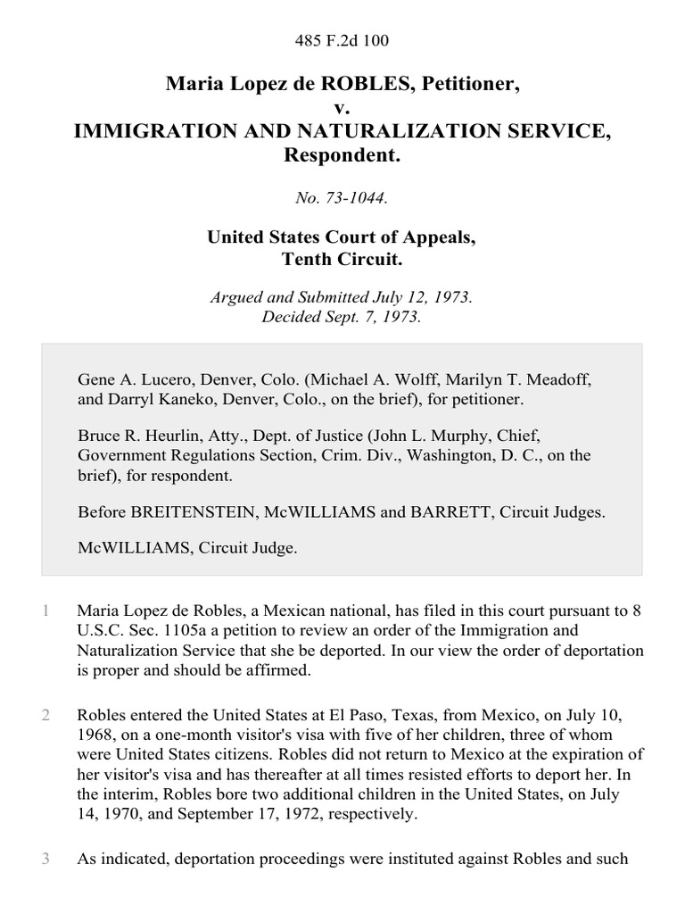 Maria Lopez de Robles v. Immigration and Naturalization Service, 485 F.2d 100, 10th Cir. (1973 ...