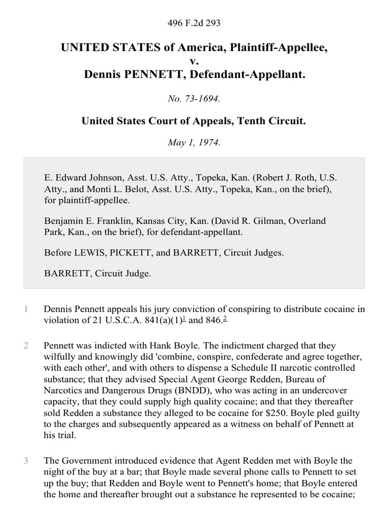 United States v. Dennis Pennett, 496 F.2d 293, 10th Cir. (1974) | PDF ...