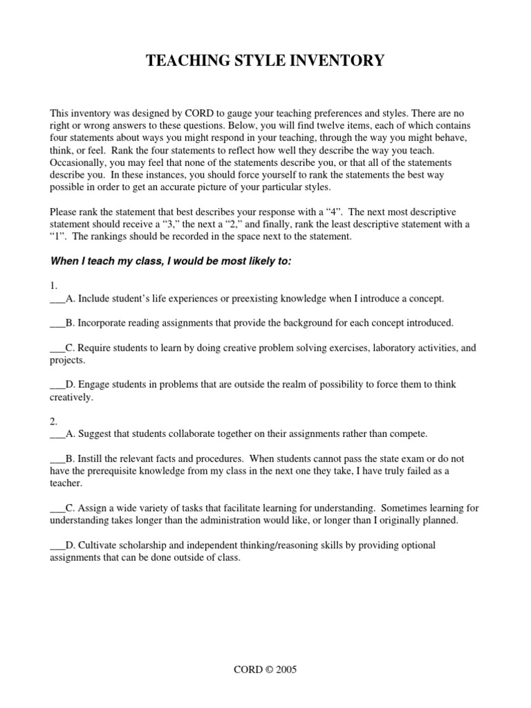 Teaching Styles Inventory | PDF | Understanding | Learning