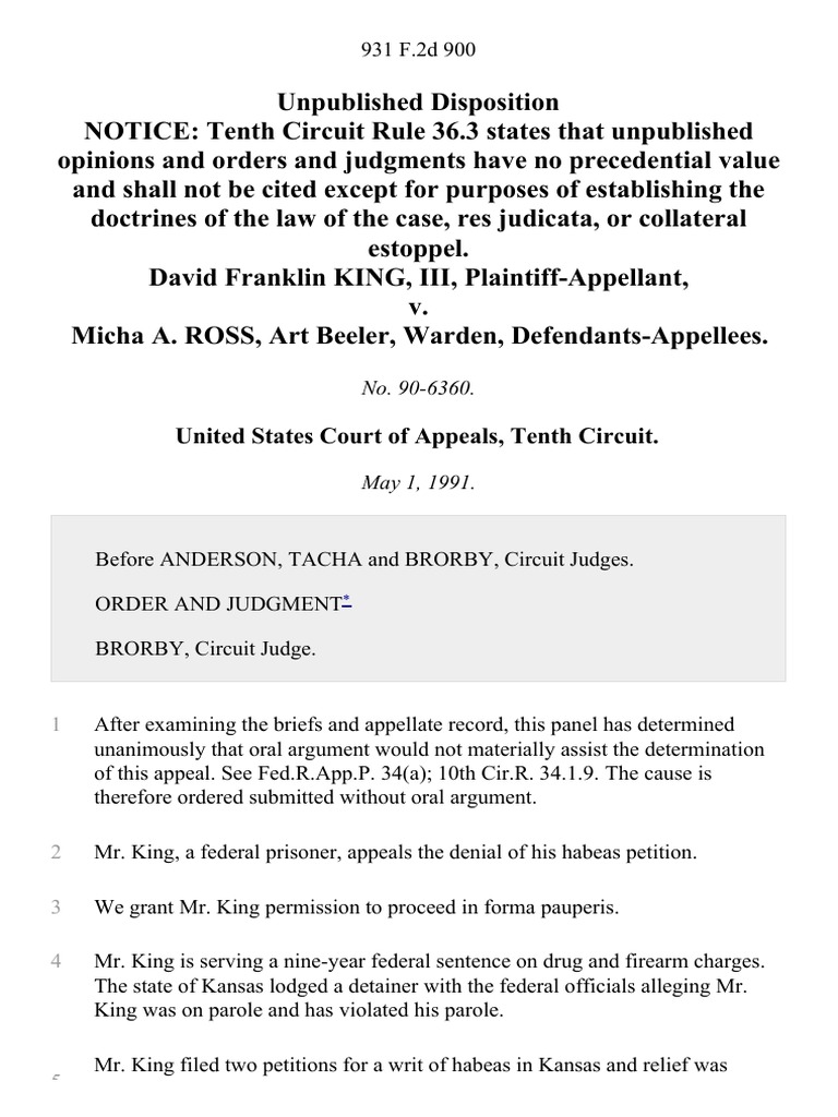 David Franklin King, III v. Micha A. Ross, Art Beeler, Warden, 931 F.2d ...