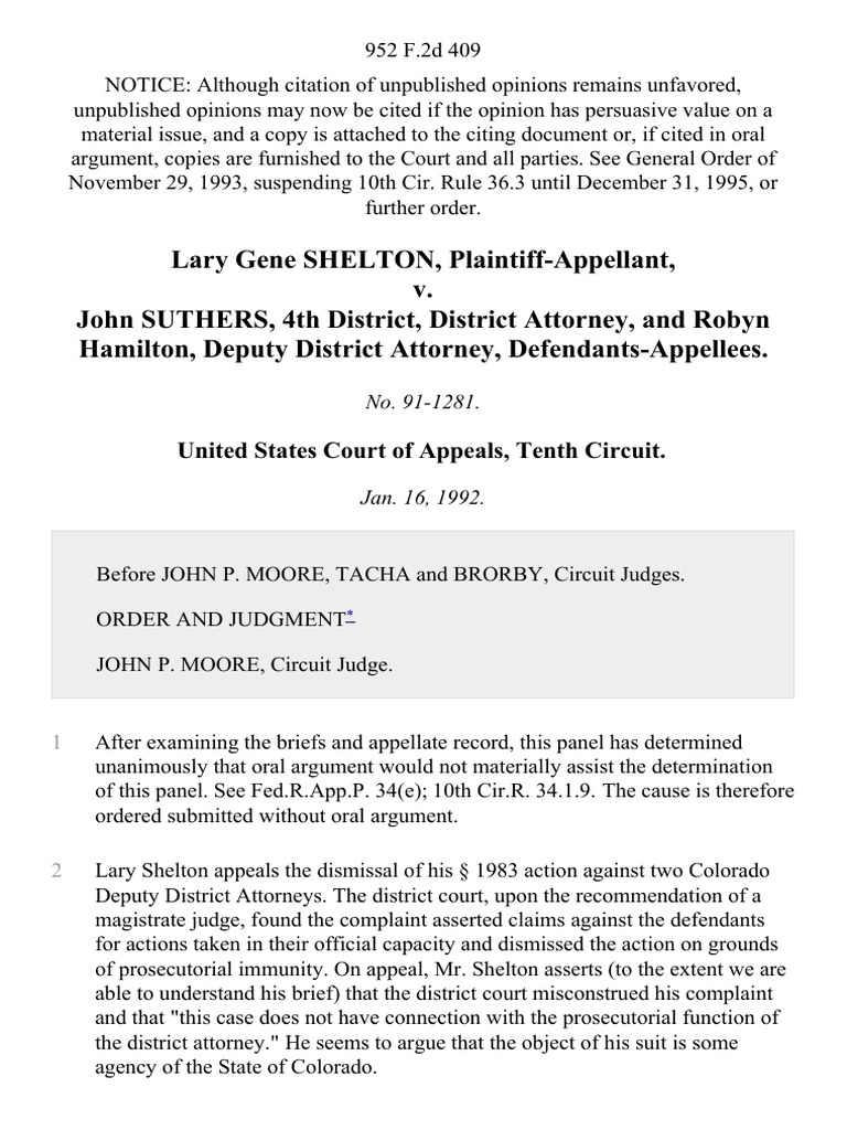 Lary Gene Shelton v. John Suthers, 4th District, District Attorney, and ...
