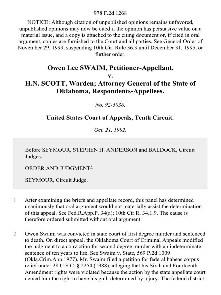 Owen Lee Swaim v. H.N. Scott, Warden Attorney General of The State of ...