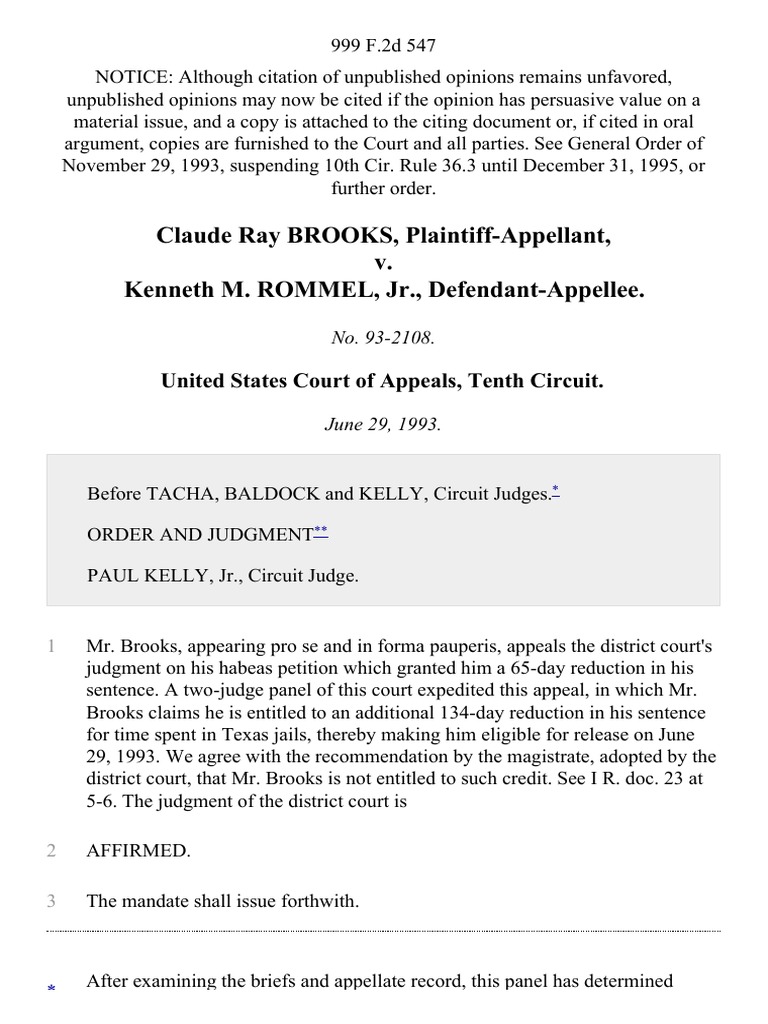 Claude Ray Brooks v. Kenneth M. Rommel, JR., 999 F.2d 547, 10th Cir ...