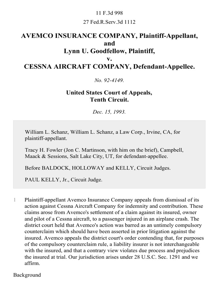 Avemco Insurance Company, and Lynn U. Goodfellow v. Cessna Aircraft ...