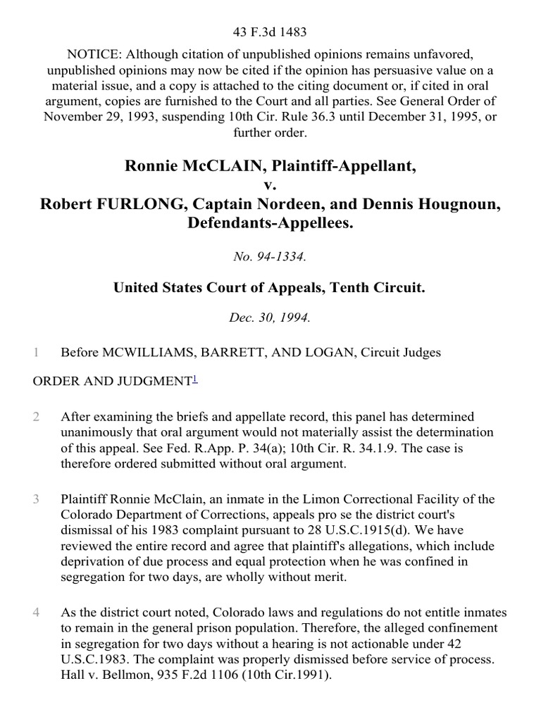 Ronnie McClain v. Robert Furlong, Captain Nordeen, and Dennis Hougnoun, 43 F.3d 1483, 10th Cir ...
