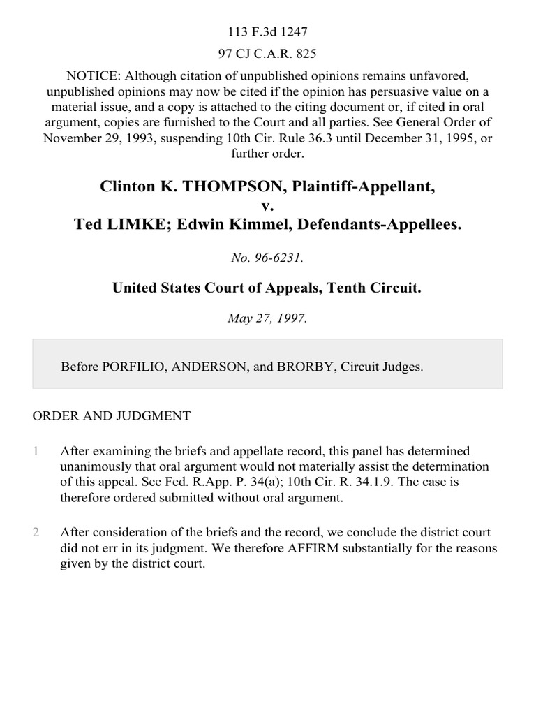 Clinton K. Thompson v. Ted Limke Edwin Kimmel, 113 F.3d 1247, 10th Cir ...