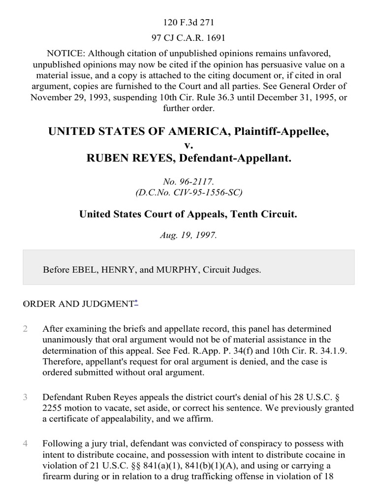 United States v. Ruben Reyes, 120 F.3d 271, 10th Cir. (1997) | PDF ...