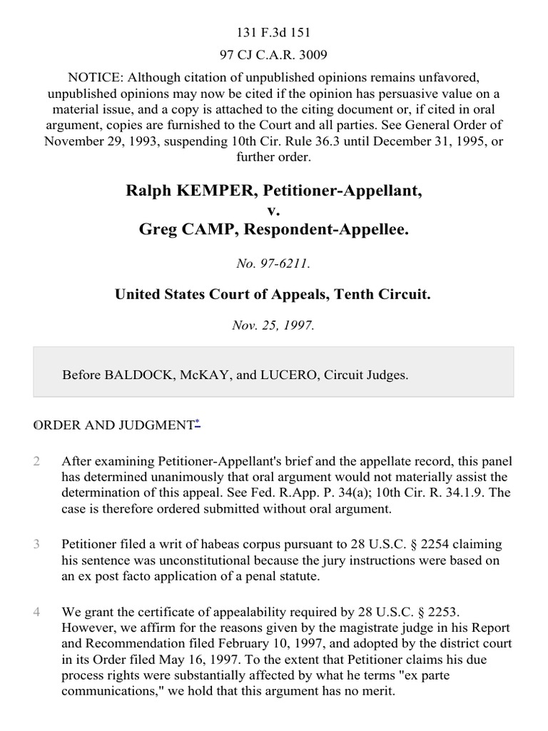 Ralph Kemper v. Greg Camp, 131 F.3d 151, 10th Cir. (1997) | PDF