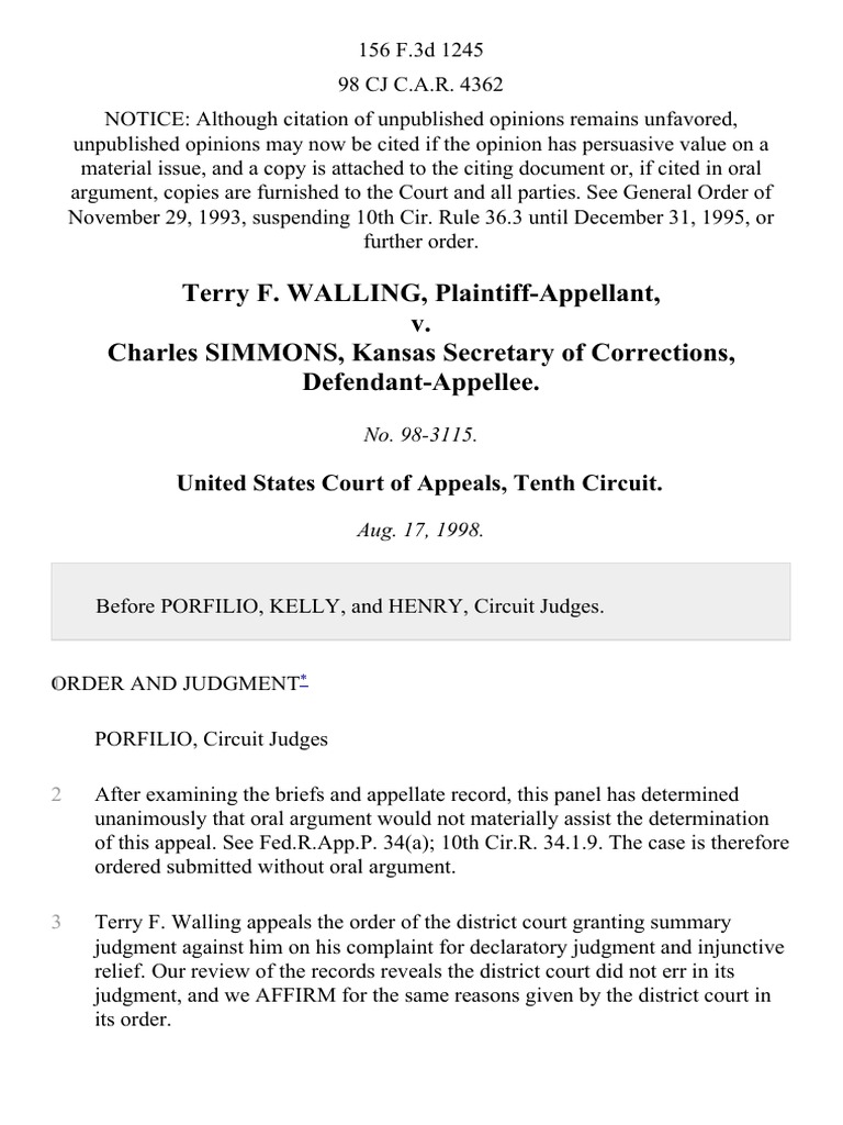 Terry F. Walling v. Charles Simmons, Kansas Secretary of Corrections, 156 F.3d 1245, 10th Cir ...