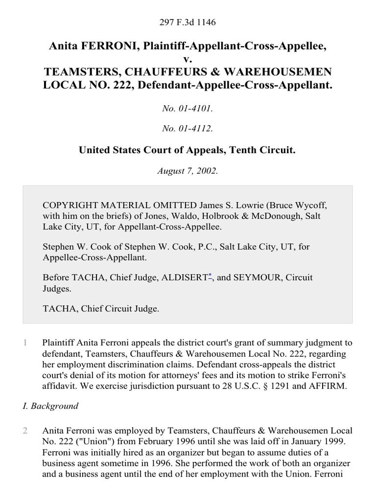 Anita FERRONI, Plaintiff-Appellant-Cross-Appellee, v. Teamsters ... Anita FERRONI, Plaintiff-Appellant-Cross-Appellee, v. Teamsters ...