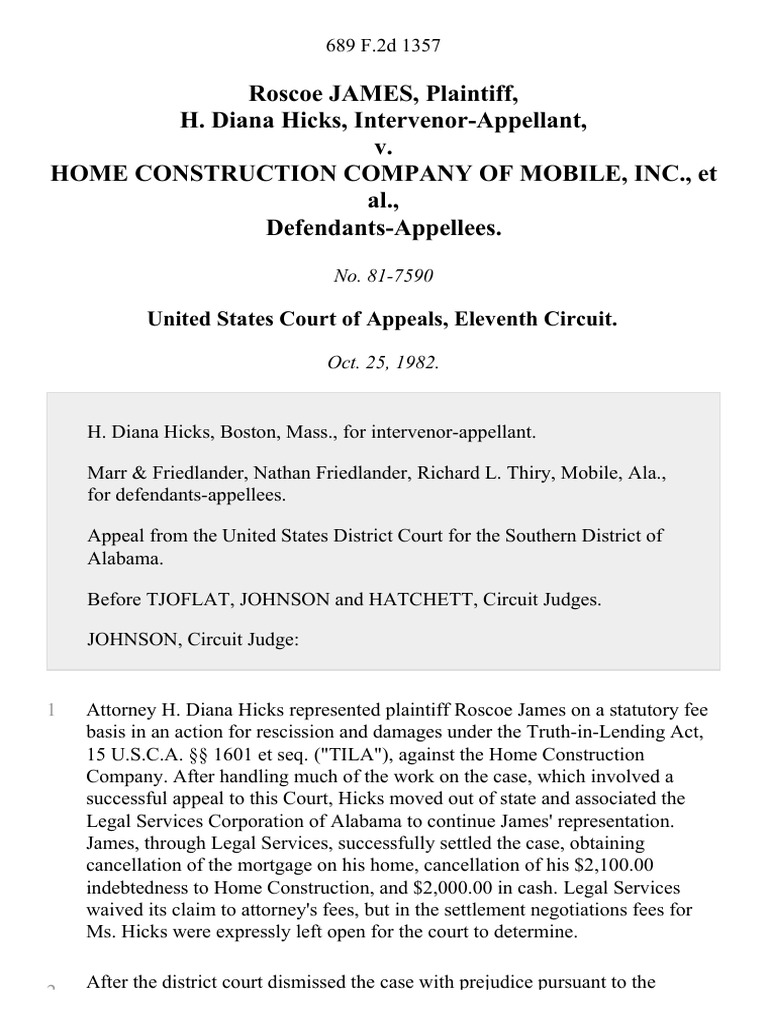 Roscoe James, H. Diana Hicks, Intervenor-Appellant v. Home Construction ...