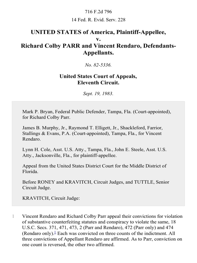 United States v. Richard Colby Parr and Vincent Rendaro, 716 F.2d 796 ...