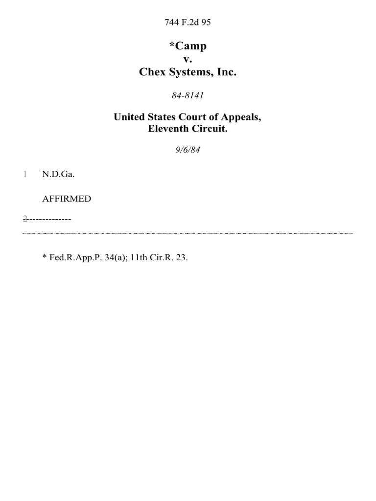 Camp v. Chex Systems, Inc, 744 F.2d 95, 11th Cir. (1984) | PDF