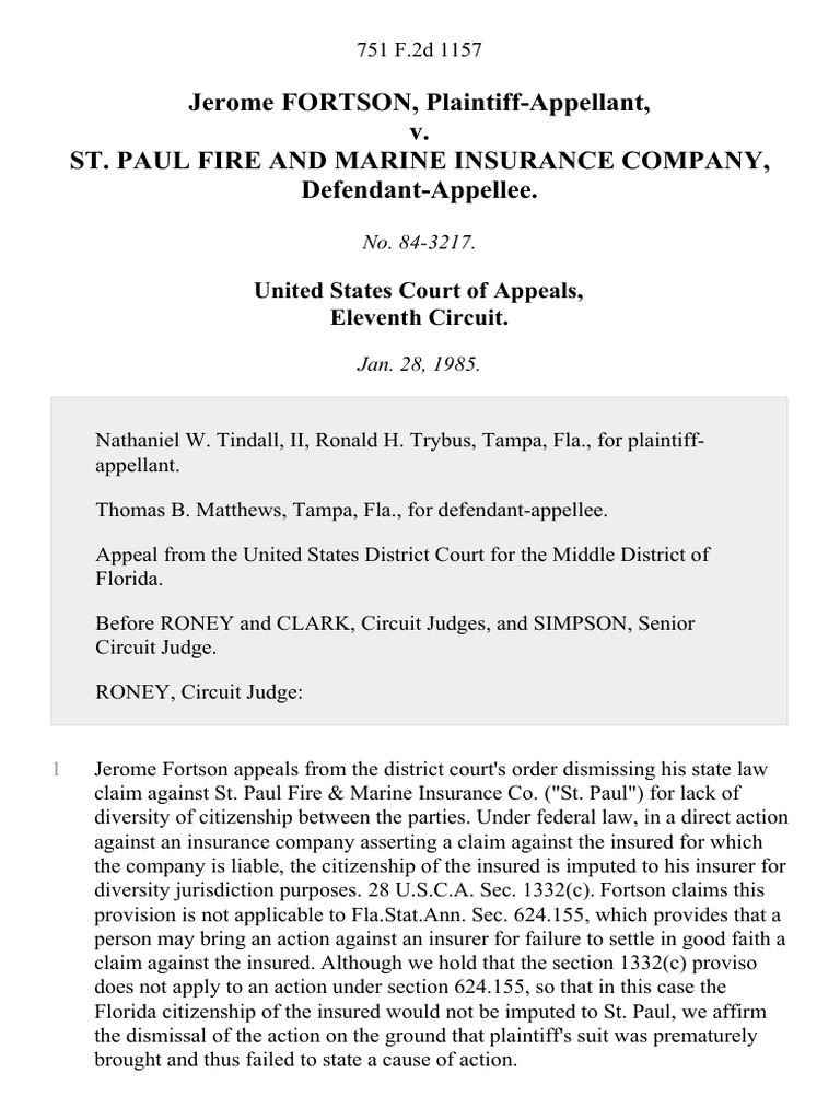 Jerome Fortson v. St. Paul Fire and Marine Insurance Company, 751 F.2d ...