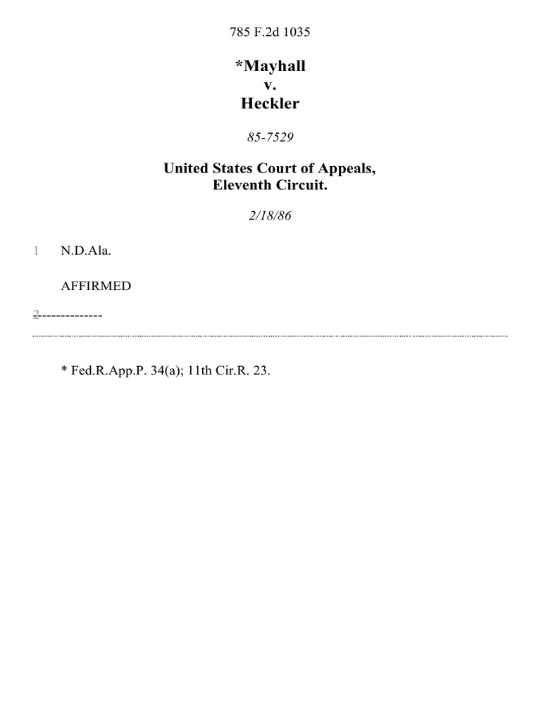 Mayhall v. Heckler, 785 F.2d 1035, 11th Cir. (1986) | PDF