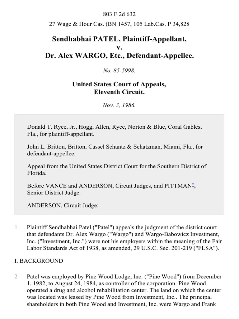 Sendhabhai Patel v. Dr. Alex Wargo, Etc., 803 F.2d 632, 11th Cir. (1986 ...