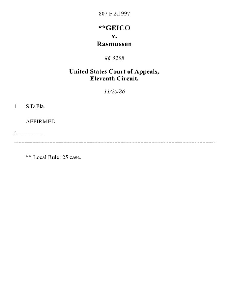 Geico v. Rasmussen, 807 F.2d 997, 11th Cir. (1986) | PDF