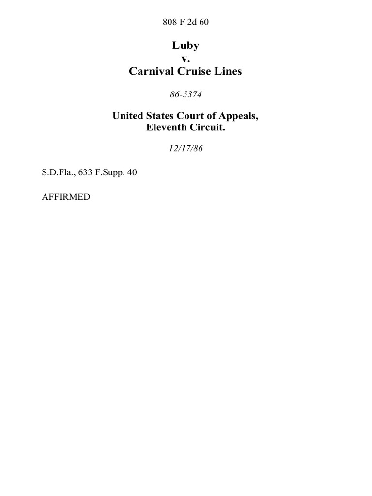 Luby v. Carnival Cruise Lines, 808 F.2d 60, 11th Cir. (1986) | PDF | Sources | Case Law