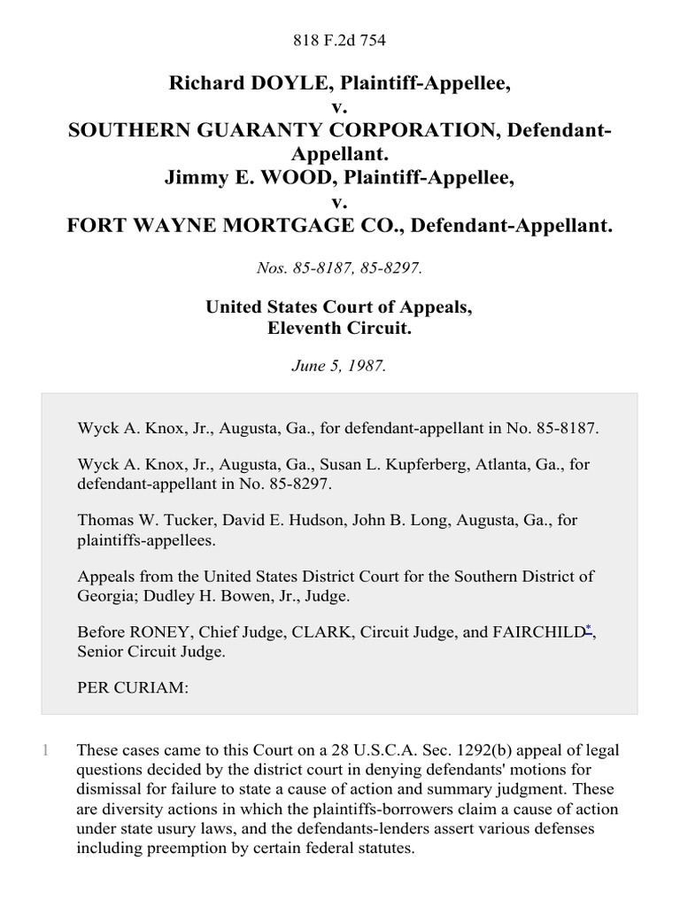 Richard Doyle v. Southern Guaranty Corporation, Jimmy E. Wood v. Fort Wayne Mortgage Co., 818 F ...
