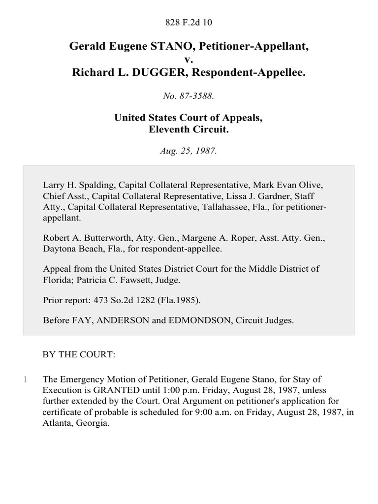 Gerald Eugene Stano v. Richard L. Dugger, 828 F.2d 10, 11th Cir. (1987) | PDF