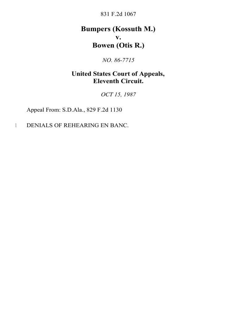 Bumpers (Kossuth M.) v. Bowen (Otis R.), 831 F.2d 1067, 11th Cir. (1987 ...