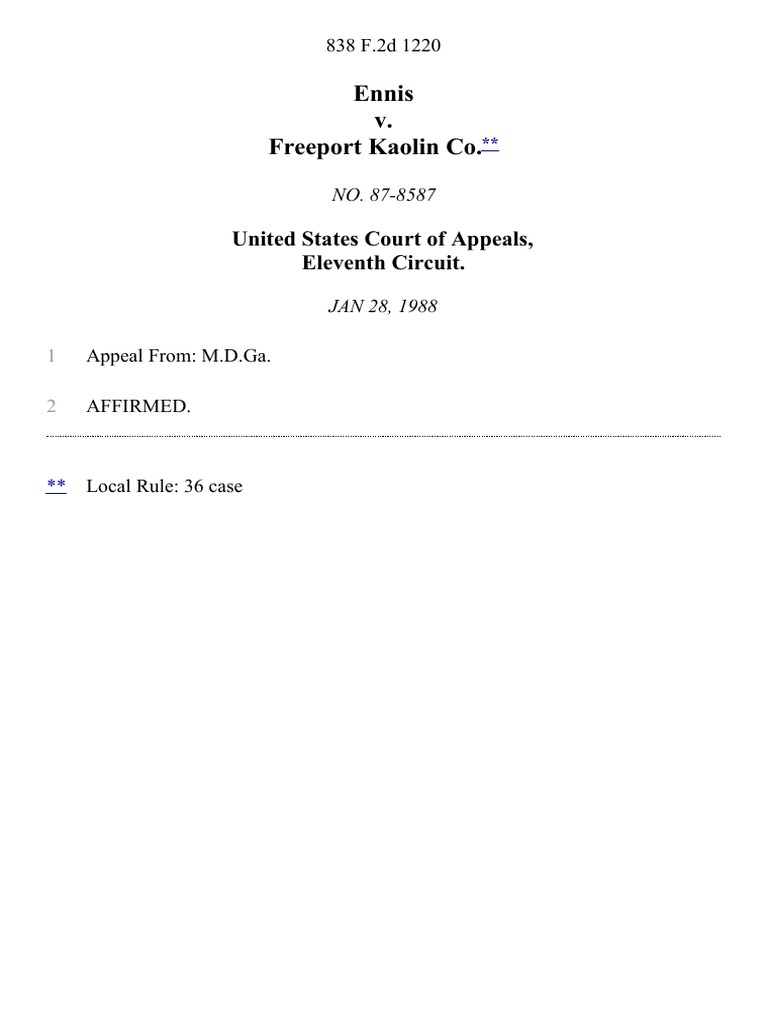 Ennis v. Freeport Kaolin Co., 838 F.2d 1220, 11th Cir. (1988) | PDF ...
