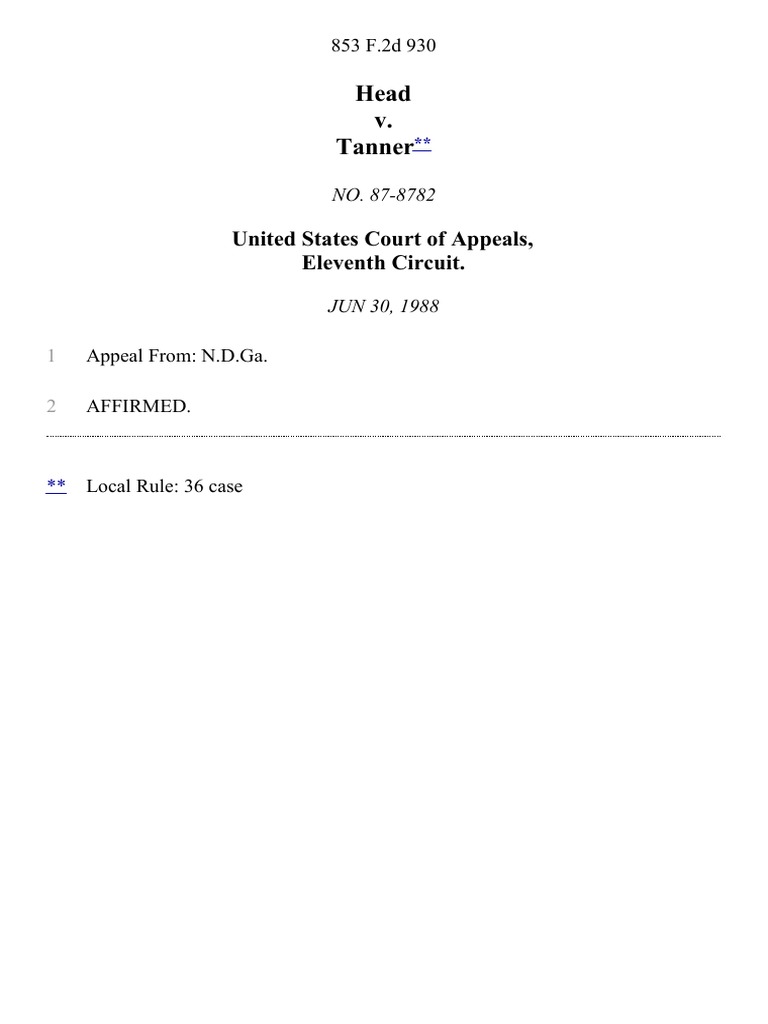 Head v. Tanner, 853 F.2d 930, 11th Cir. (1988) | PDF