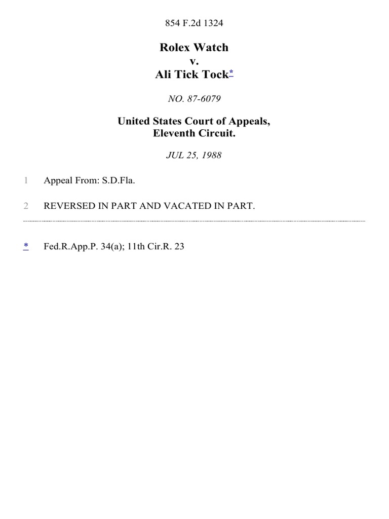 Rolex Watch v. Ali Tick Tock, 854 F.2d 1324, 11th Cir. (1988) | PDF ...
