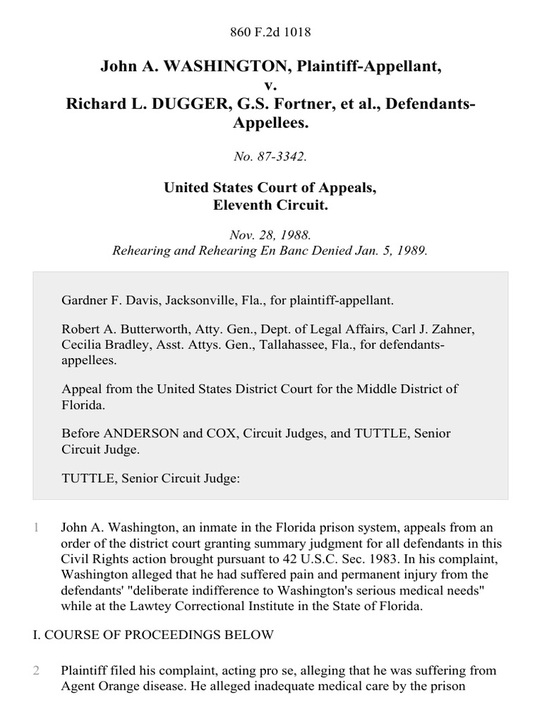 John A. Washington v. Richard L. Dugger, G.S. Fortner, 860 F.2d 1018 ...