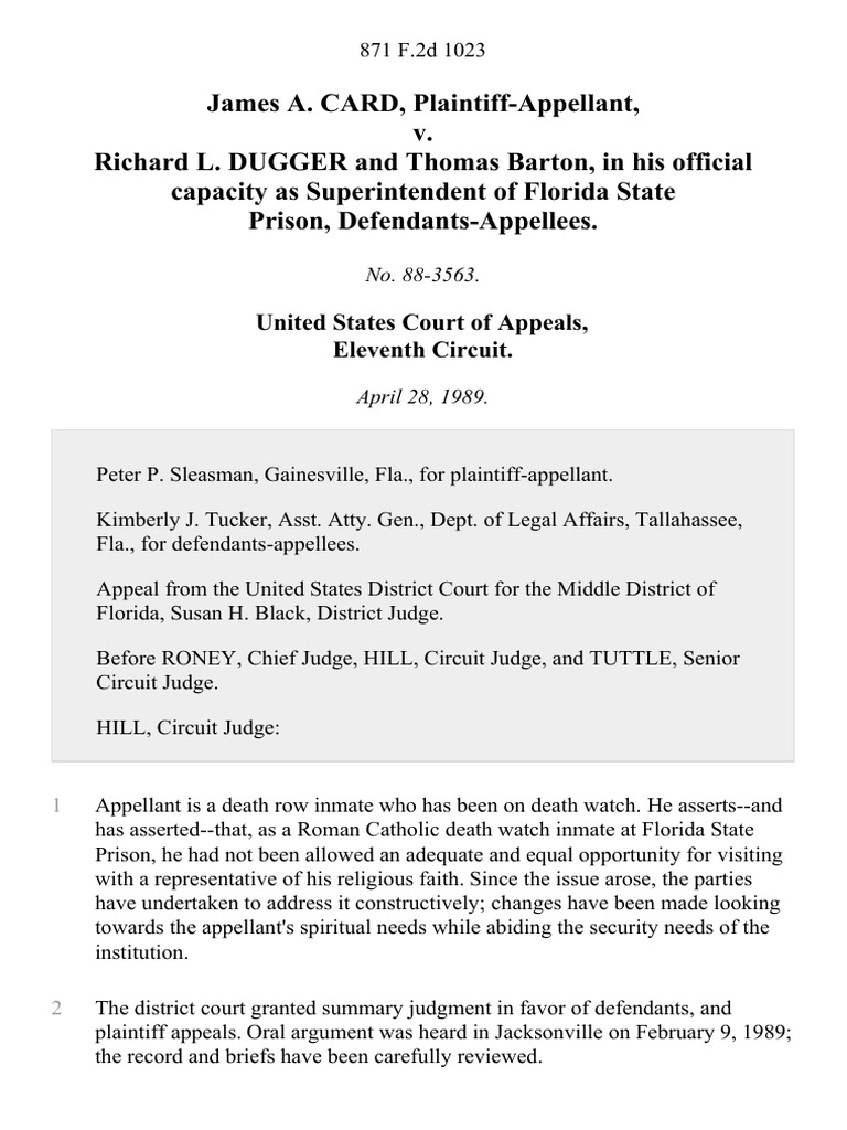 James A. Card v. Richard L. Dugger and Thomas Barton, in His Official ...