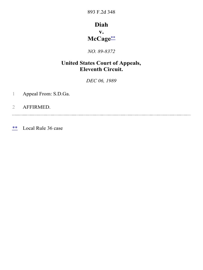 Diah v. McCage, 893 F.2d 348, 11th Cir. (1989) | PDF